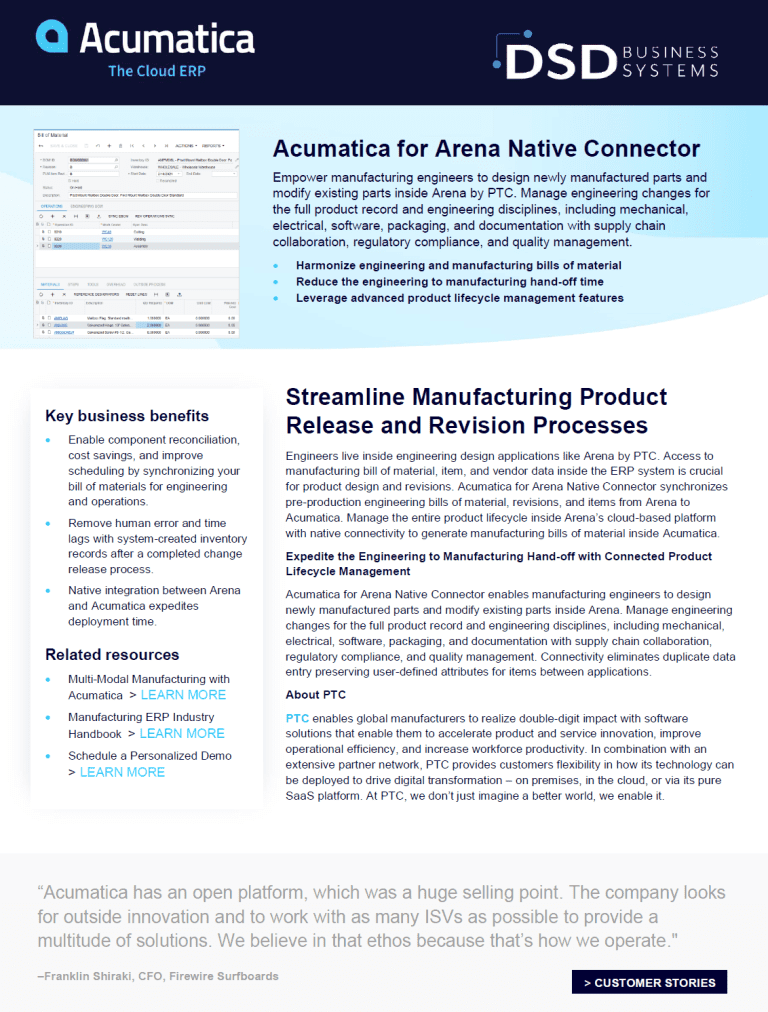 Acumatica for Arena Native Connector Datasheet - DSD Business Systems
